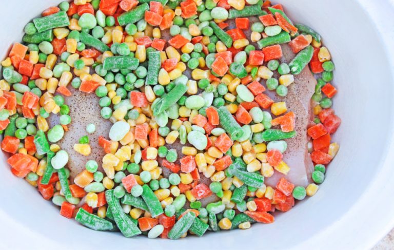 Slow Cooker Shredded Chicken & Vegetables Over Biscuits